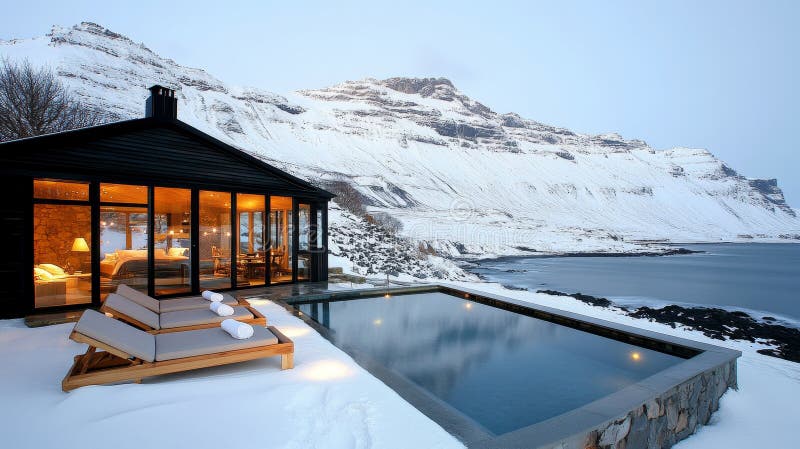 Luxury Infinity Pool with Mountain View and Ocean at Sunset in Winter ...