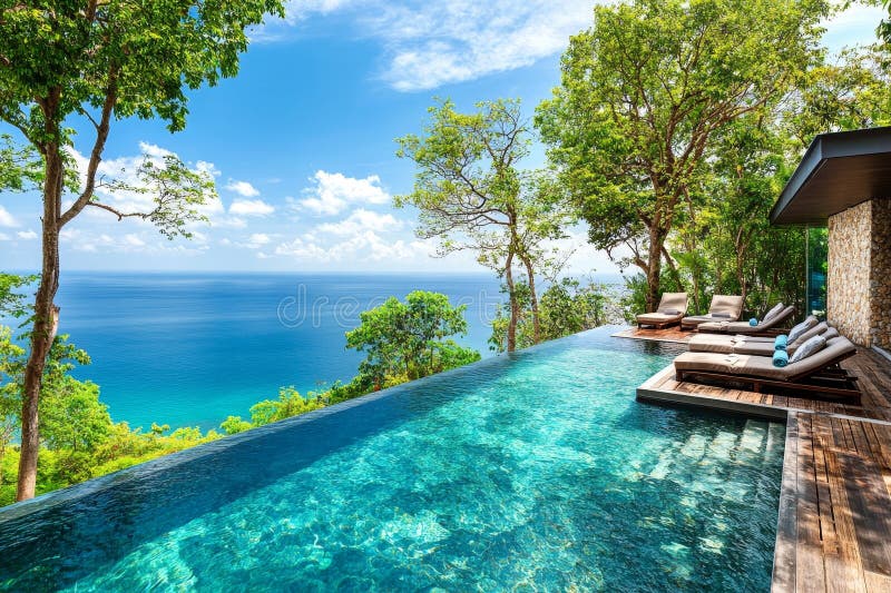 Luxury Infinity Pool with Ocean View, Sunbeds, and Tropical Greenery at ...