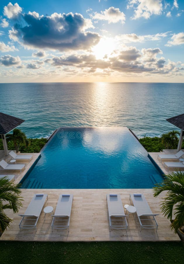 Luxury Infinity Pool Overlooking Ocean Sunset Stock Image - Image of ...