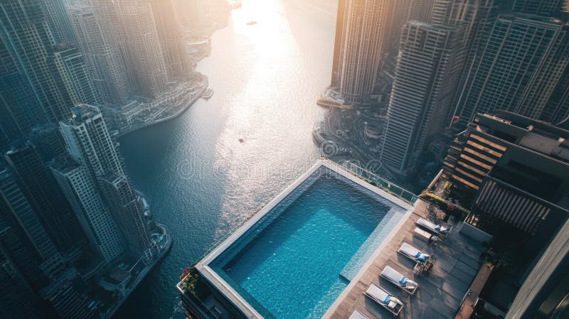 Luxury Infinity Pool Overlooking Urban Skyline and Waterway at Sunset ...