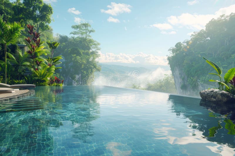 Luxury Infinity Pool with Rainforest View Below Sunny Blue Sky Stock ...