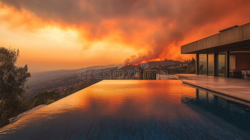 Luxury Infinity Pool Reflecting Vibrant Orange Hues during a Dramatic ...