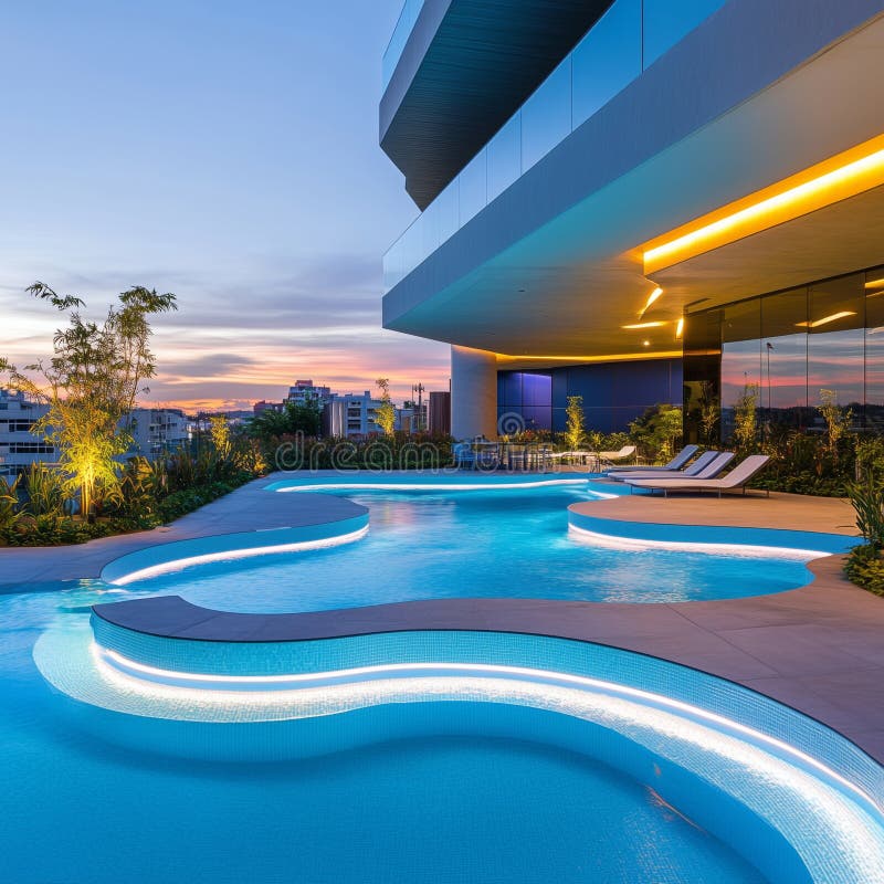 Luxury Infinity Pool Sunset Modern Architecture Ambient Lighting Stock ...