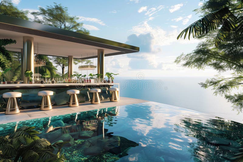 Luxury Infinity Poolside Bar Overlooking Tropical Ocean Panorama Stock ...