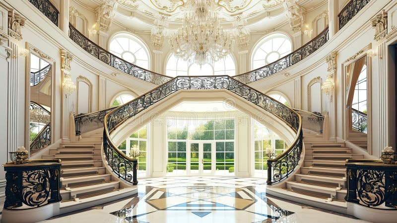Luxury Interior with a Beautiful Staircase and Chandelier, Bright Large ...