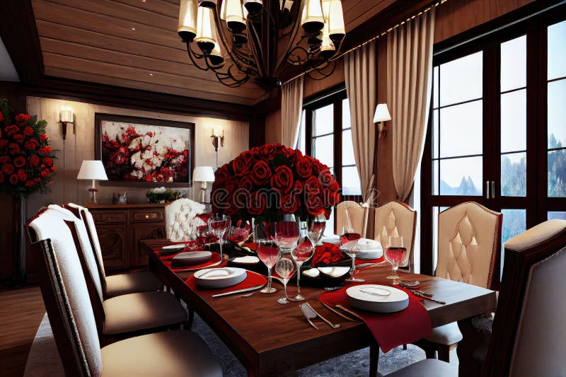 Luxury Interior with Big Dining Table on Chalet with Chairs and Red ...