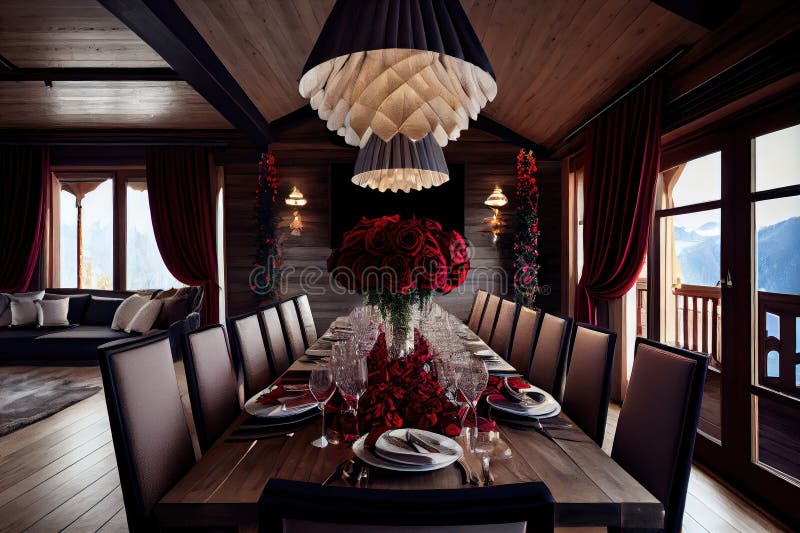 Luxury Interior with Big Dining Table on Chalet with Chairs and Red ...