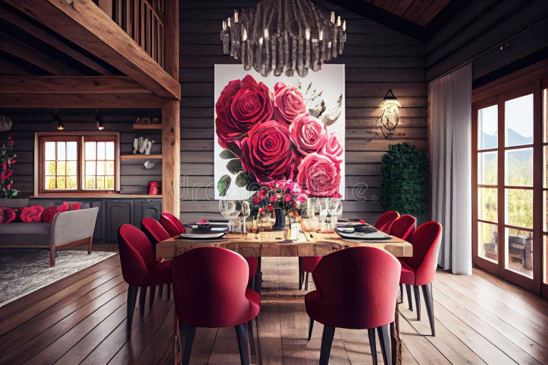 Luxury Interior with Big Dining Table on Chalet with Chairs and Red ...
