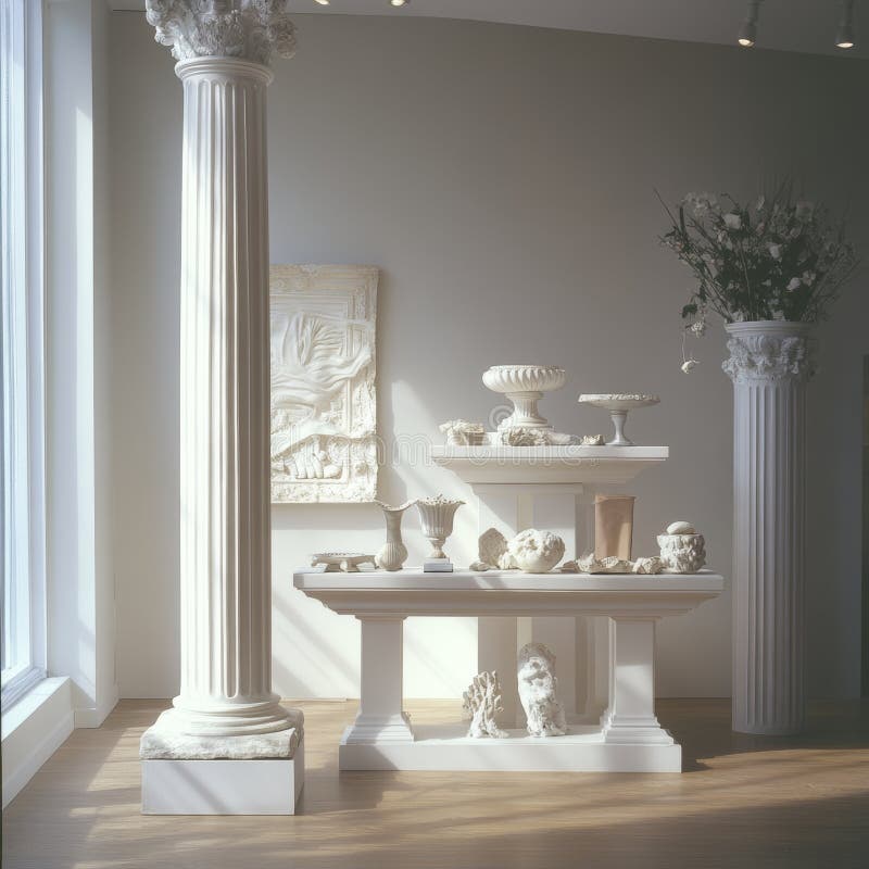 Luxury Interior with Columns, Table and Vase. 3d Render Stock Illustration - Illustration of ...