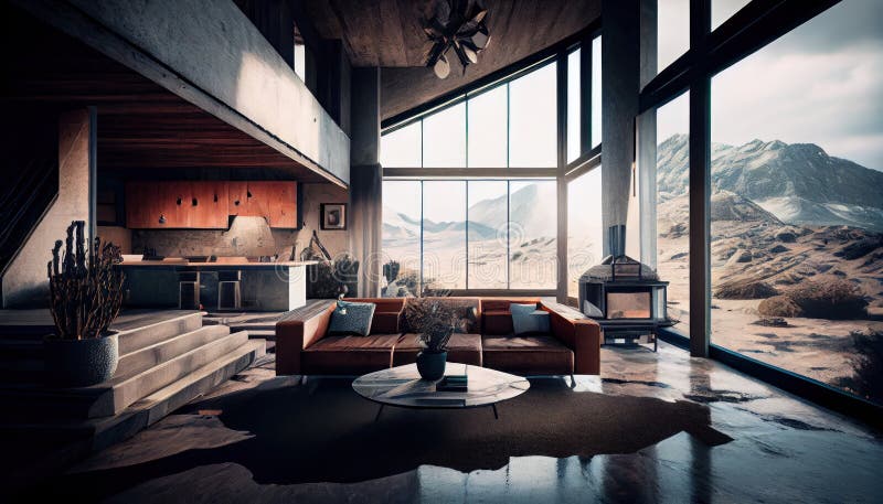 Luxury Interior Design of Living Room with Panoramic Windows Stock ...