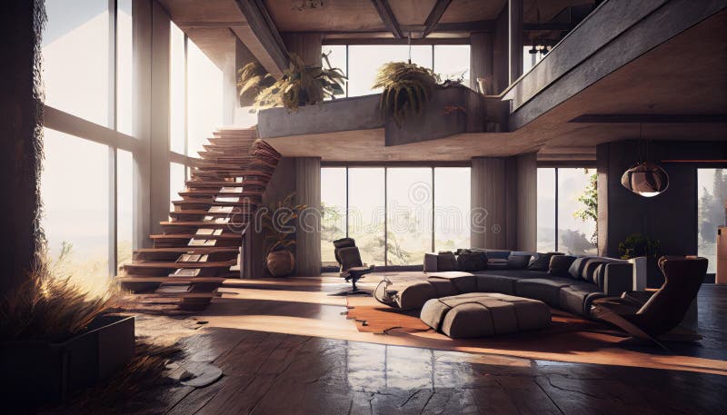 Luxury Interior Design of Living Room with Panoramic Windows Stock ...