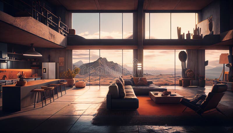 Luxury Interior Design of Living Room with Panoramic Windows Stock ...