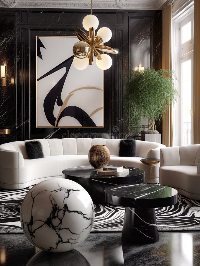 Luxury Interior Design of Modern Living Room with Marble Stone Elements ...