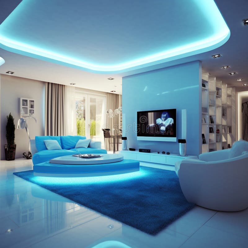Luxury Interior of Modern Living Room with Blue Sofa with Soft Led ...