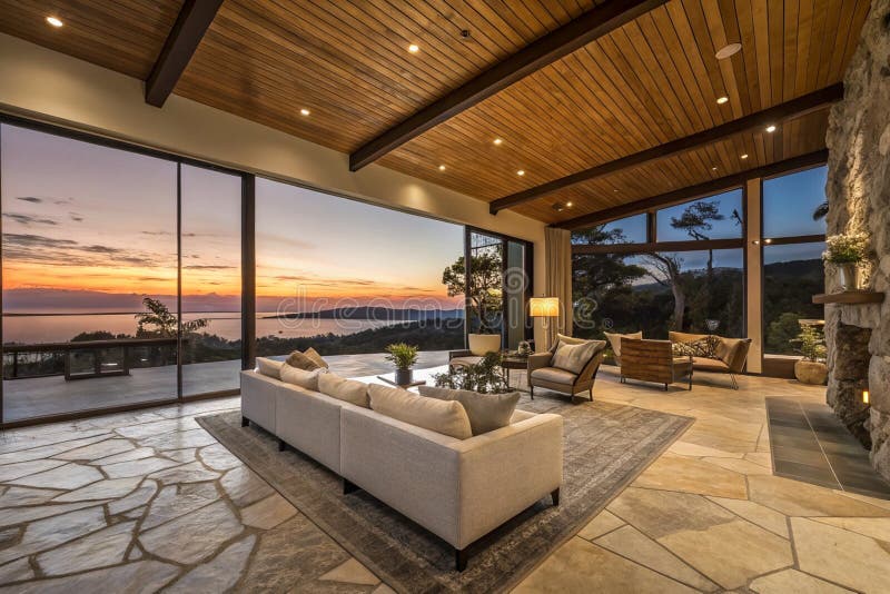 Luxury Interior with Panoramic Windows and Sunset View Stock ...