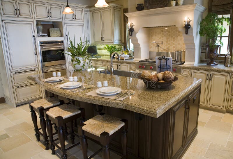 Kitchen Interior with Stone Accents in Affluent Ho Stock Photo - Image ...