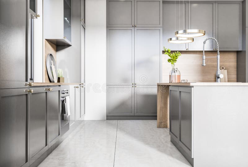 Luxury Kitchen Design Interior with Island, Appliances and Other Items ...