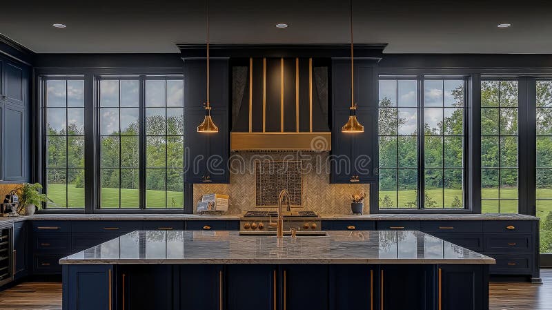 Luxury Kitchen Design, Large Windows, Green Field View Stock Image ...