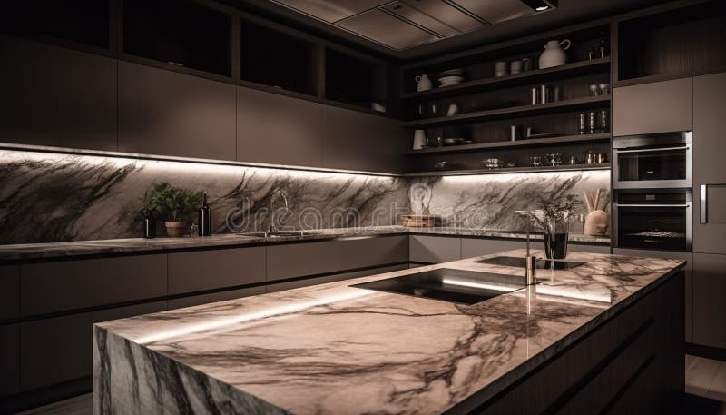 Luxury Kitchen Design with Marble Island Counter Generated by AI Stock ...