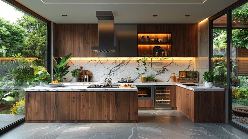 Luxury Kitchen with Garden View - Generative Ai Stock Illustration ...