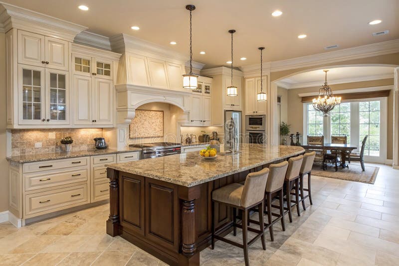 Luxury Kitchen with a Granite Island Breakfast Counter Stock ...