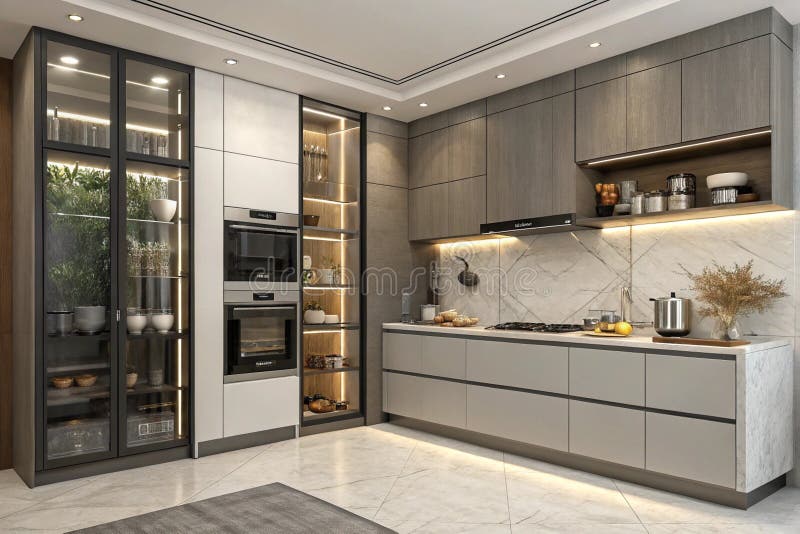 Luxury Kitchen Interior with Minimalist Decoration and Appliances 3D ...