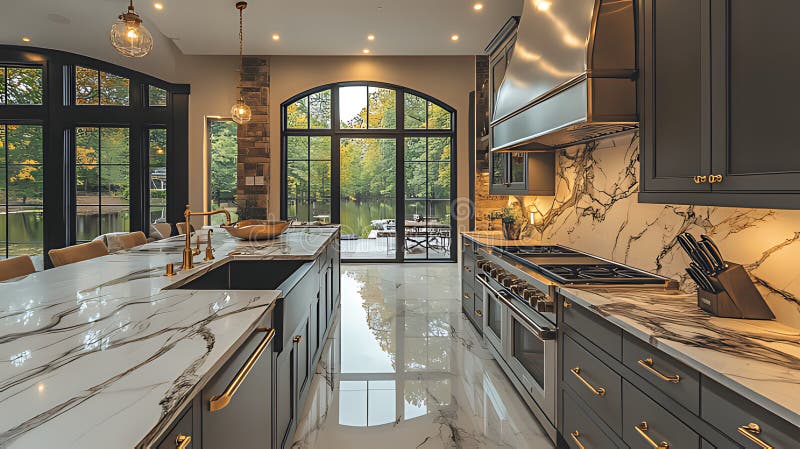 Luxury Kitchen, Lake View, Autumn, Interior Design, Real Estate Stock ...
