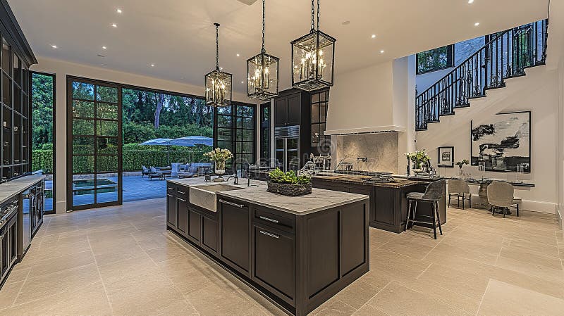 Luxury Kitchen, Open Plan, Pool View, Night, Real Estate Listing Stock ...
