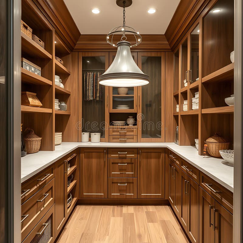 A Luxury Kitchen Pantry with Custom Wooden Cabinetry Organized Storage ...