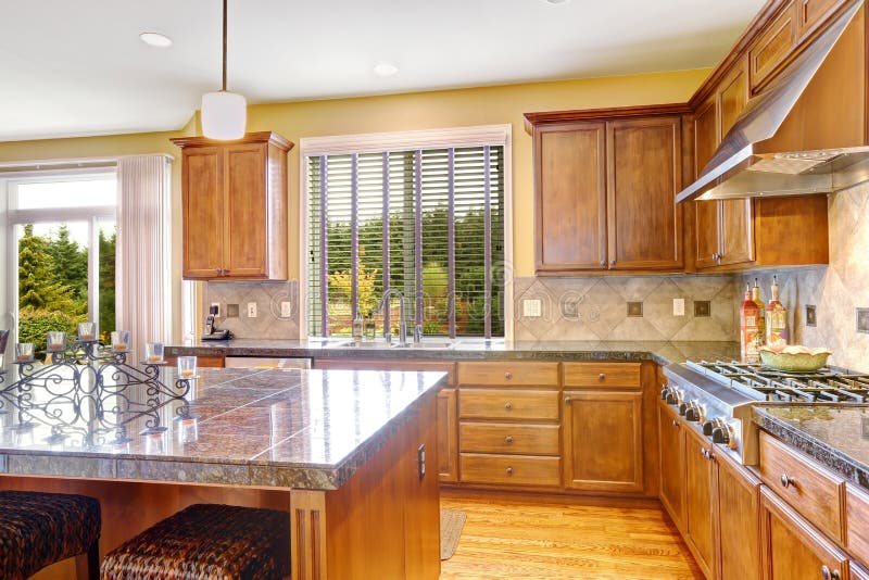 Luxury Kitchen Room with Island Stock Image - Image of walls, modern ...