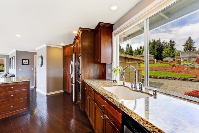 Luxury Kitchen Room with Window View Stock Photo - Image of cabinets ...