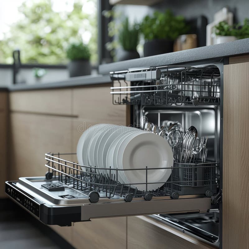 A Luxury Kitchen Scene with a Modern Dishwasher, Its Open Door ...