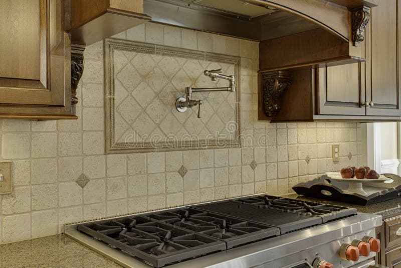 Luxury Kitchen Stove with Elegant Tile Backsplash Decor Stock Image ...
