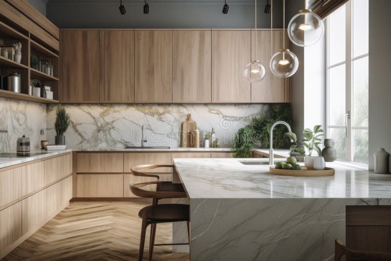 Luxury Kitchen with a Walnut Island and Elegant Marble Countertop Stock ...