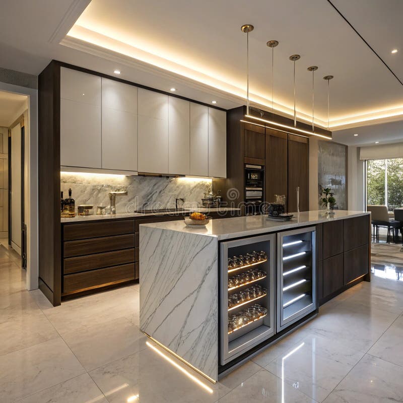 Luxury Kitchen with a Waterfall Island, Built-in Wine Cooler, and Mood ...