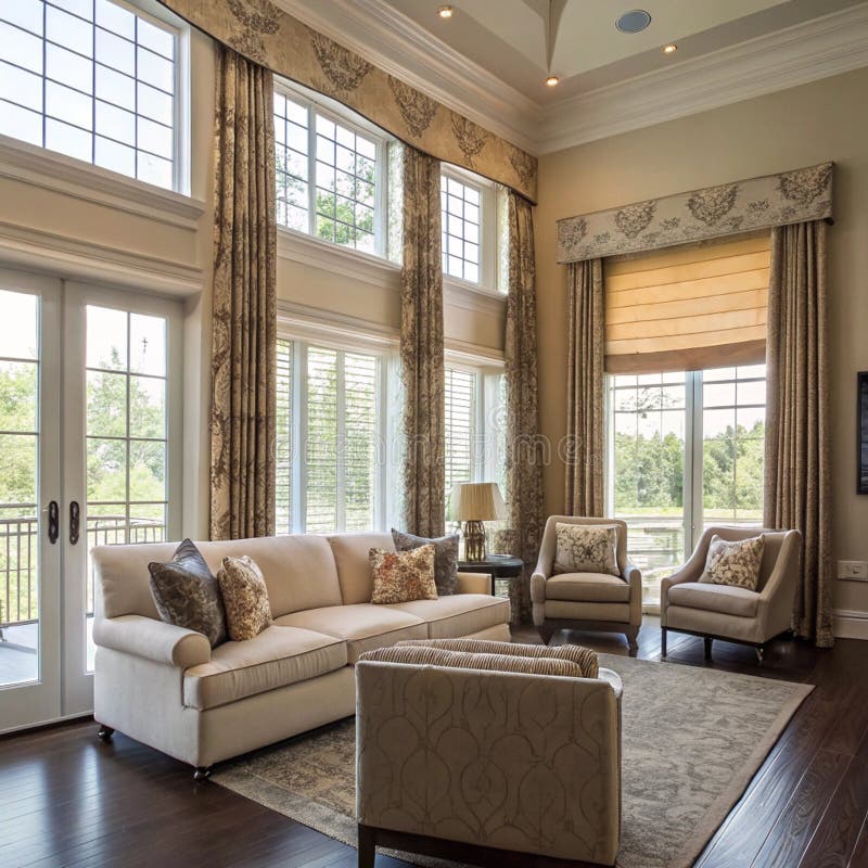 Luxury Living Room with Big Windows Stock Image - Image of accessories ...