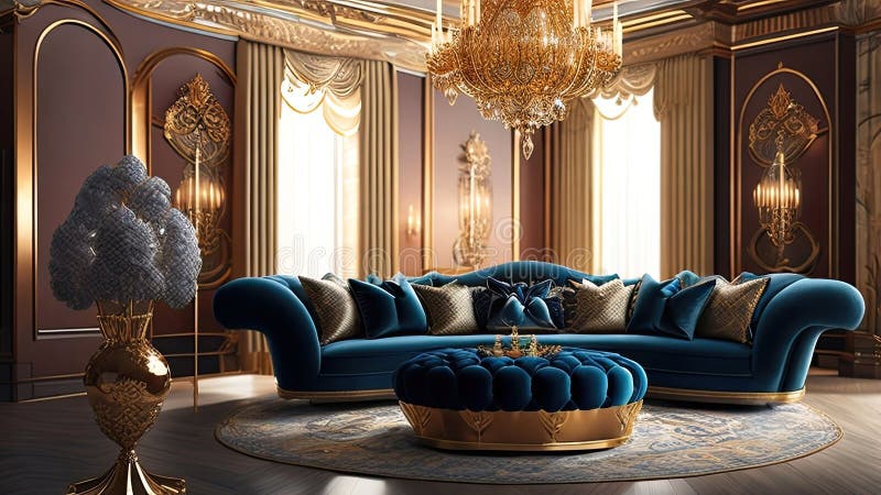 Luxury Living Room with Blue Sofa and Gold Decor - 3d Rendering Stock ...