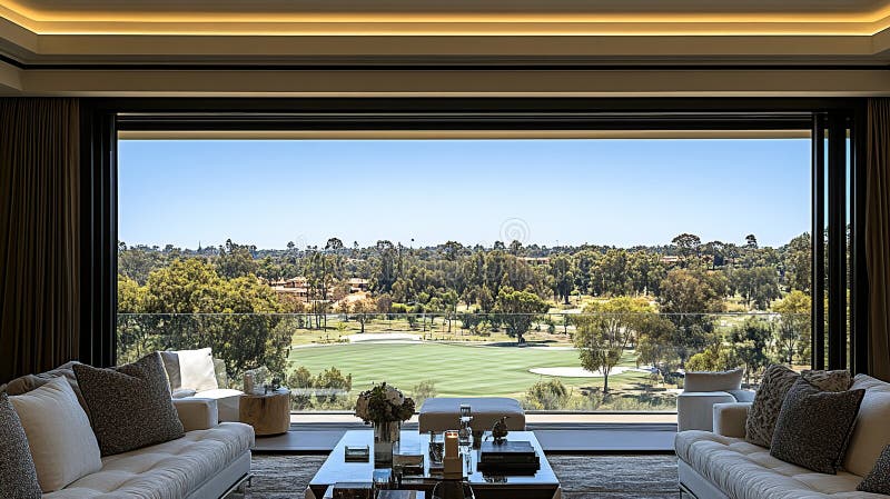 Luxury Living Room with Golf Course View Stock Illustration ...
