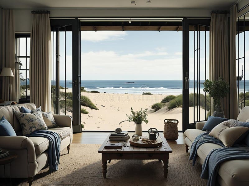 Luxury Living Room Interior with Beach View. Generative Ai Stock ...