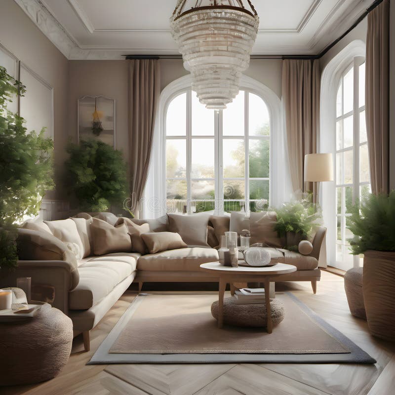 Luxury Living Room Interior Design, 3D Render Illustration Stock ...