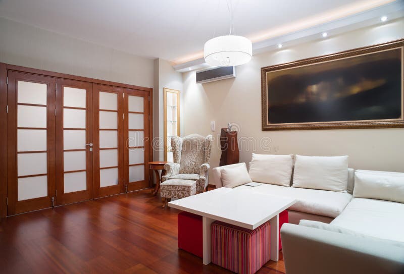 Luxury Living Room Interior - Evening Shot Stock Photo - Image of ...