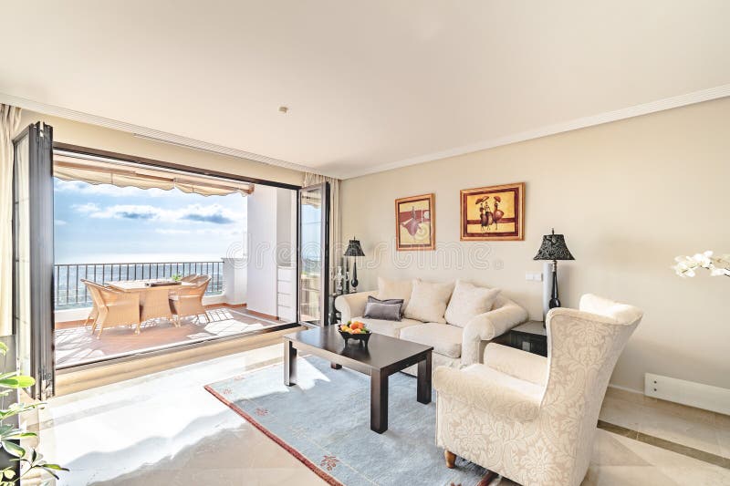 Luxury Living Room Space with Terrace Overlooking Mediterranean Stock ...