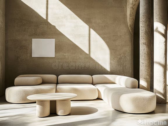 In this Luxury Living Room, There is an Empty Sectional Sofa in Beige ...