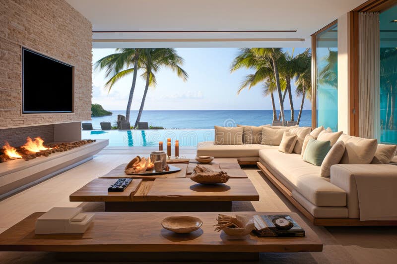 Luxury Living Room with View on the Sea and Palm Trees. Stock ...
