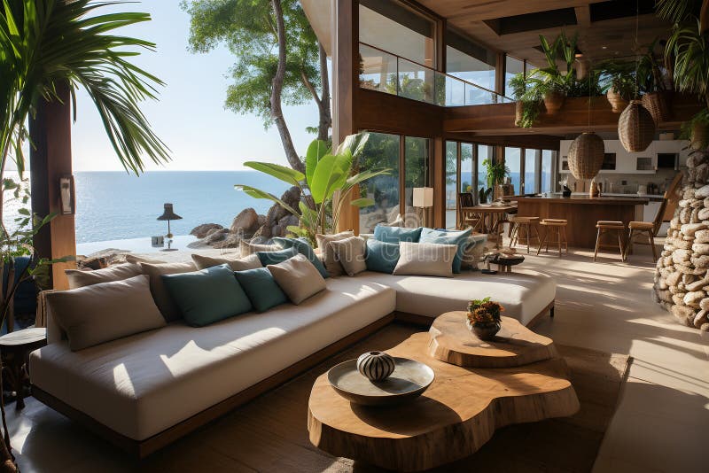 Luxury Living Room with a View on the Sea and Palm Trees. Ai Generated ...