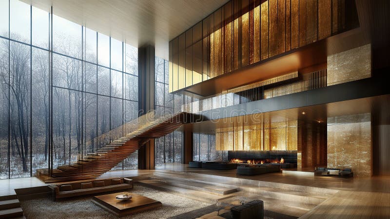 Luxury Lobby, Winter Forest View, Grand Staircase, Fireplace ...