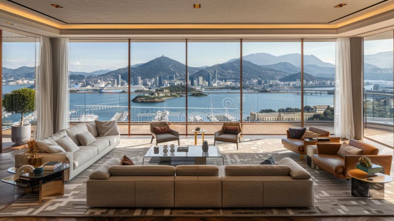 Luxury Lounge with Panoramic Window View of Coastal City and Mountains ...