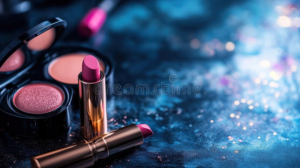 Luxury Makeup Scene with Lipsticks and Blush on Glittery Blue Surface ...