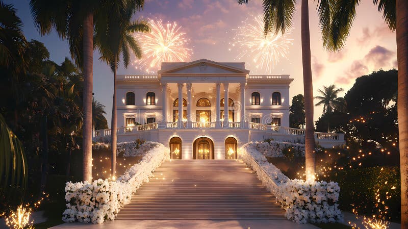 Luxury Mansion with Fireworks Displaying during a Night Party Stock ...