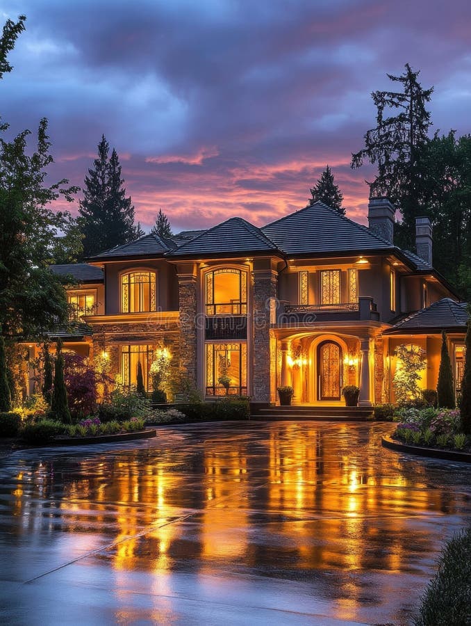 Luxury Mansion Illuminated by Sunset Reflections after a Rainstorm in a ...